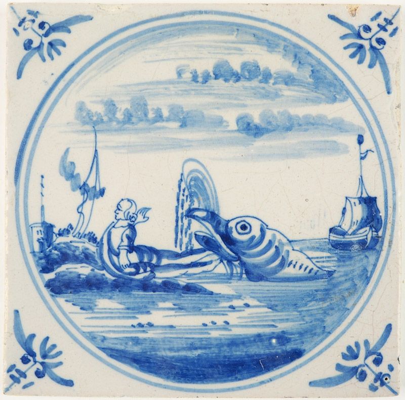 Antique Delft Biblical tile in blue depicting Jonah and the whale, 18th ...