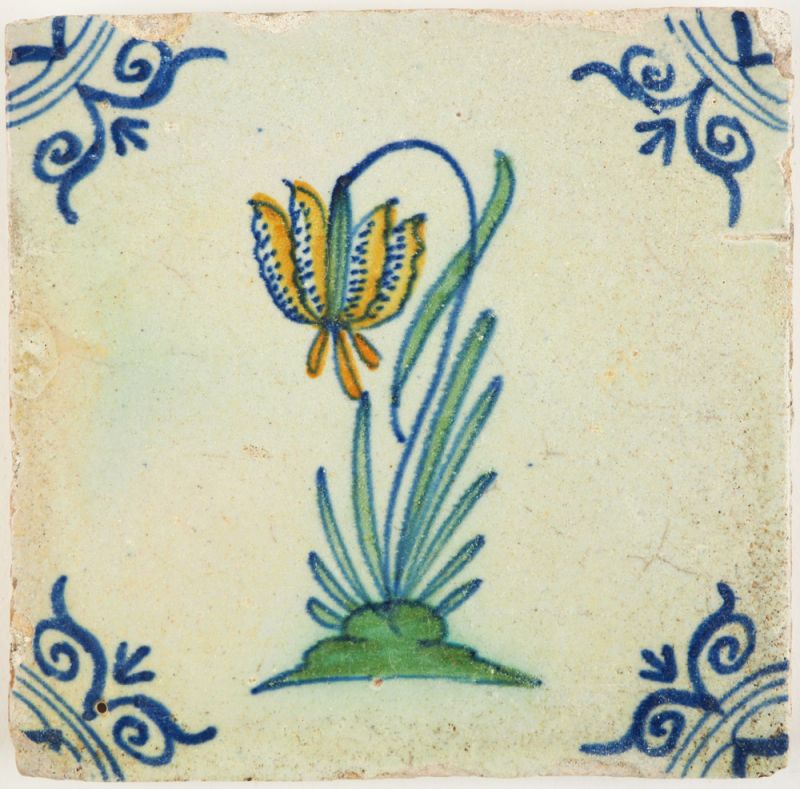 Antique Delft tile with a Dogtooth violet flower, 17th century