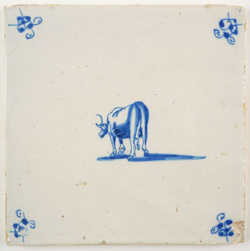 Antique Delft tile with a cow, 18th century