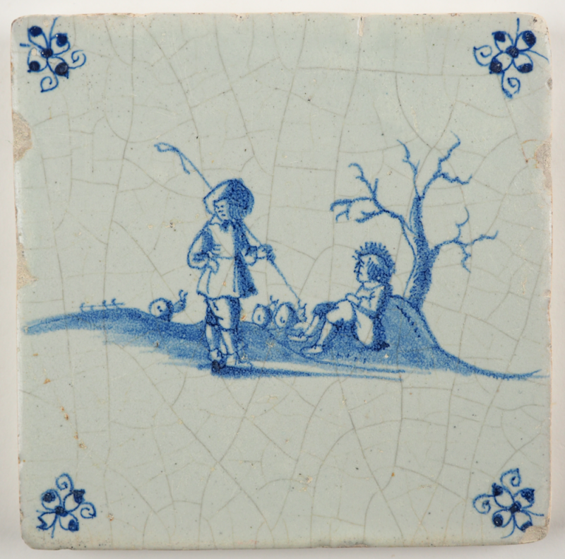 Antique Delft tile with two shepherds relaxing a bit, 17th century