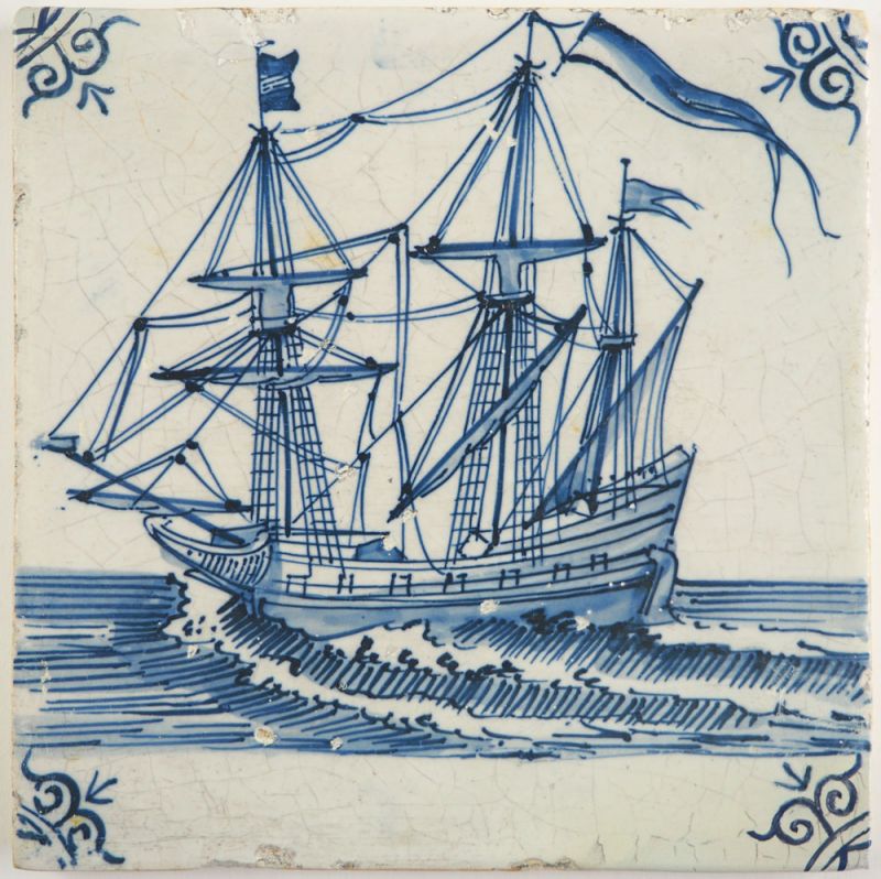 Antique Delft tile with a war ship, 17th century