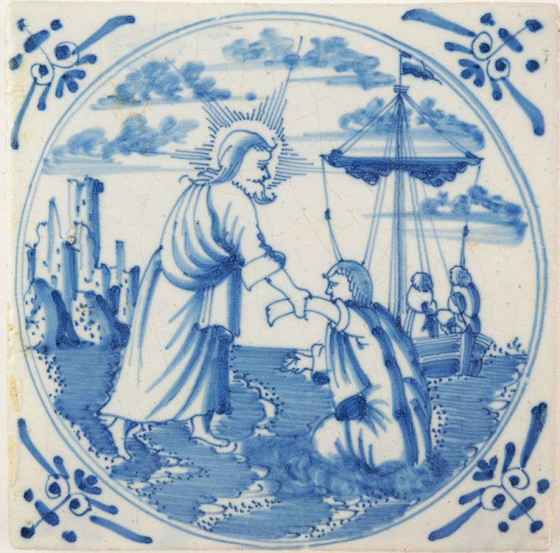 Antique Delft tile with Jesus walking on water, 18th century