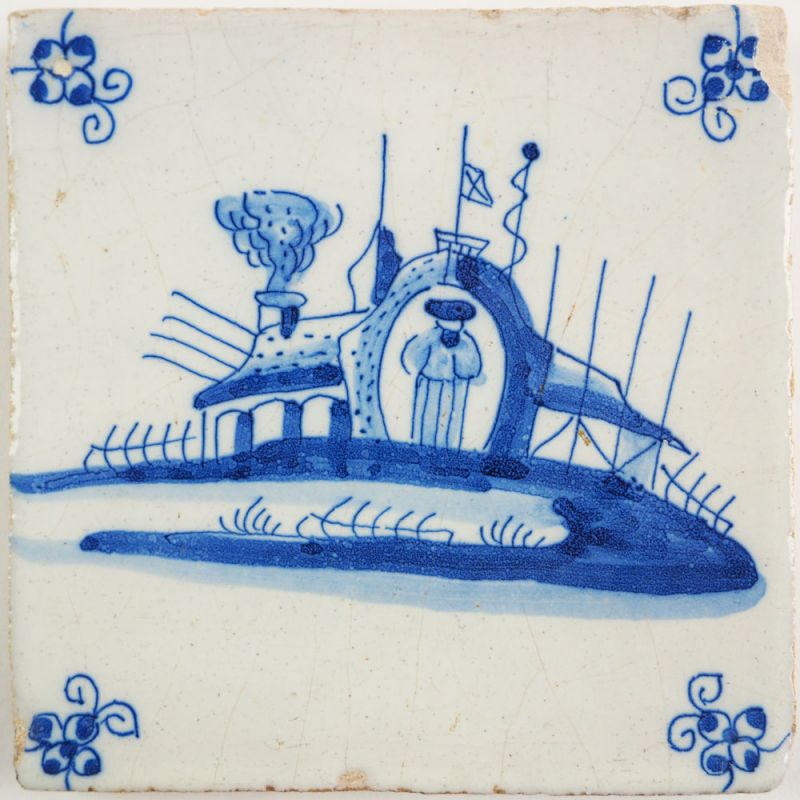 Antique Delft tile with a settlement, 17th century