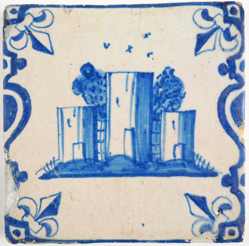 Antique Delft tile with a castle, 17th century