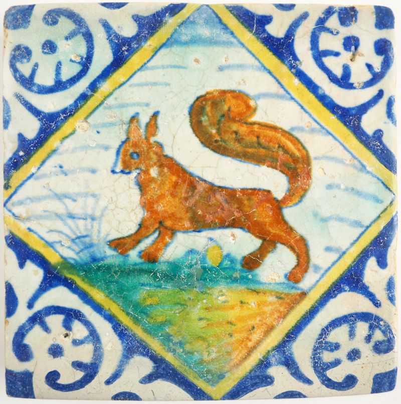 Antique Delft tile with a squirrel, 16th century