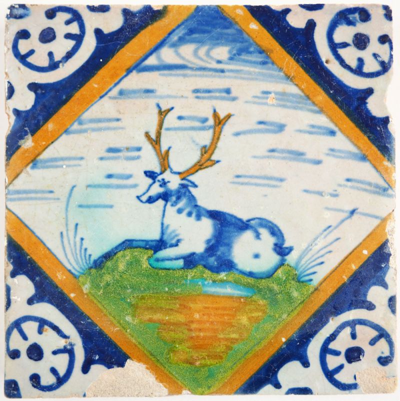 Antique Delft tile with a stag, 17th century