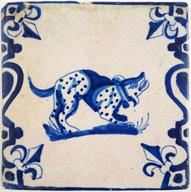 Antique Delft tile with a Dalmatian dog, 17th century