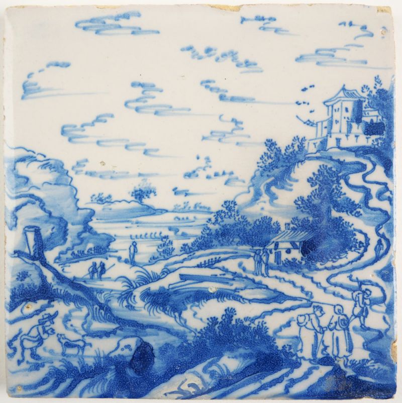 Antique Delft tile with a landscape, 18th century