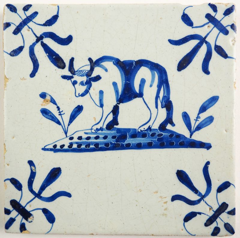 Antique Delft tile with a bull, 17th century