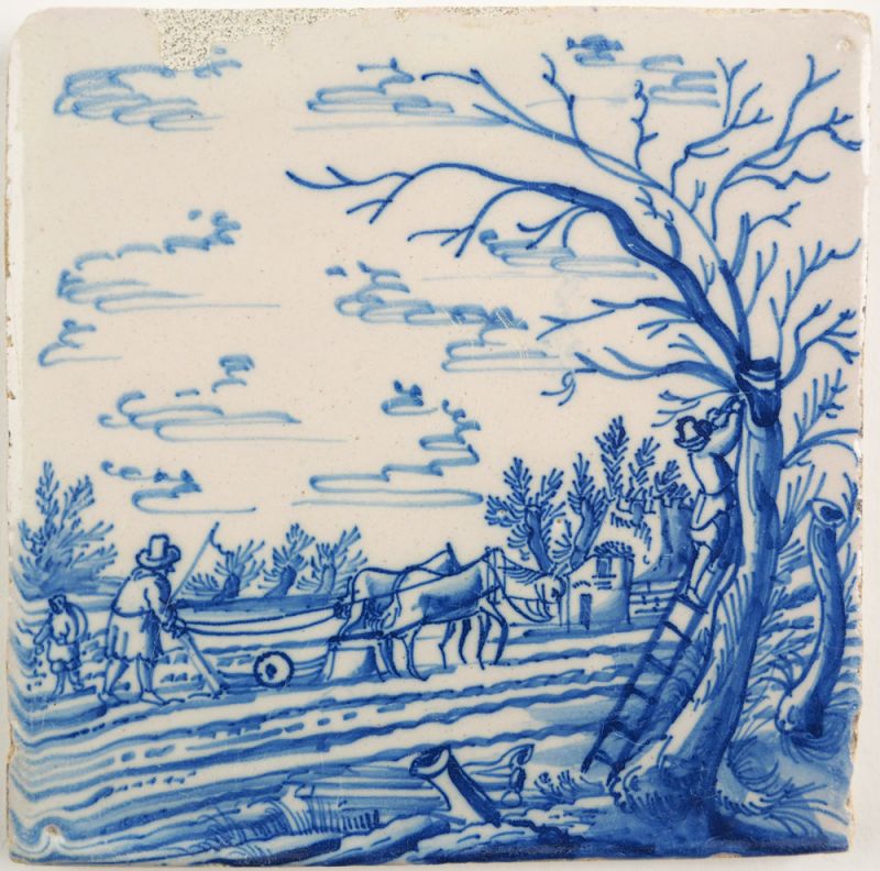 Antique Delft tile with the sowing season, 18th century