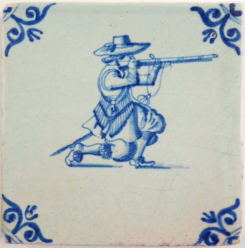 Antique Delft tile with a rifleman, 17th century