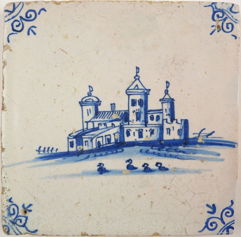 Antique Delft tile with a castle, 17th century