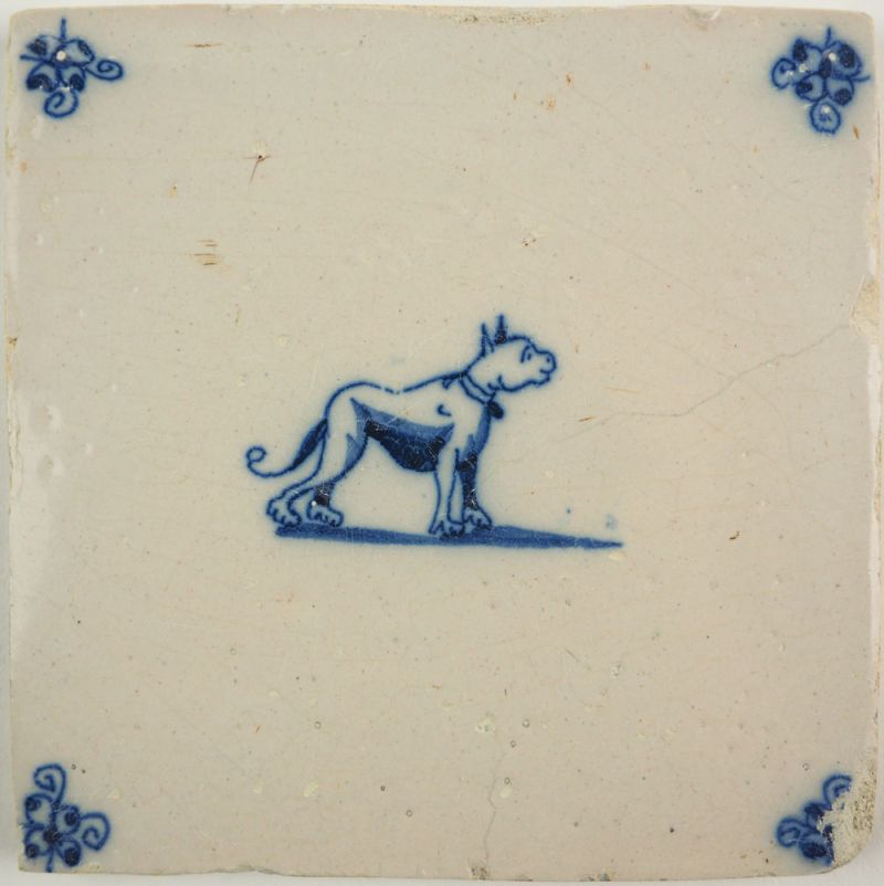 Antique Delft tile with a dog, 18th century