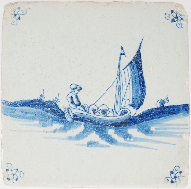Antique Delft tile with a boat with sheep, 17th century