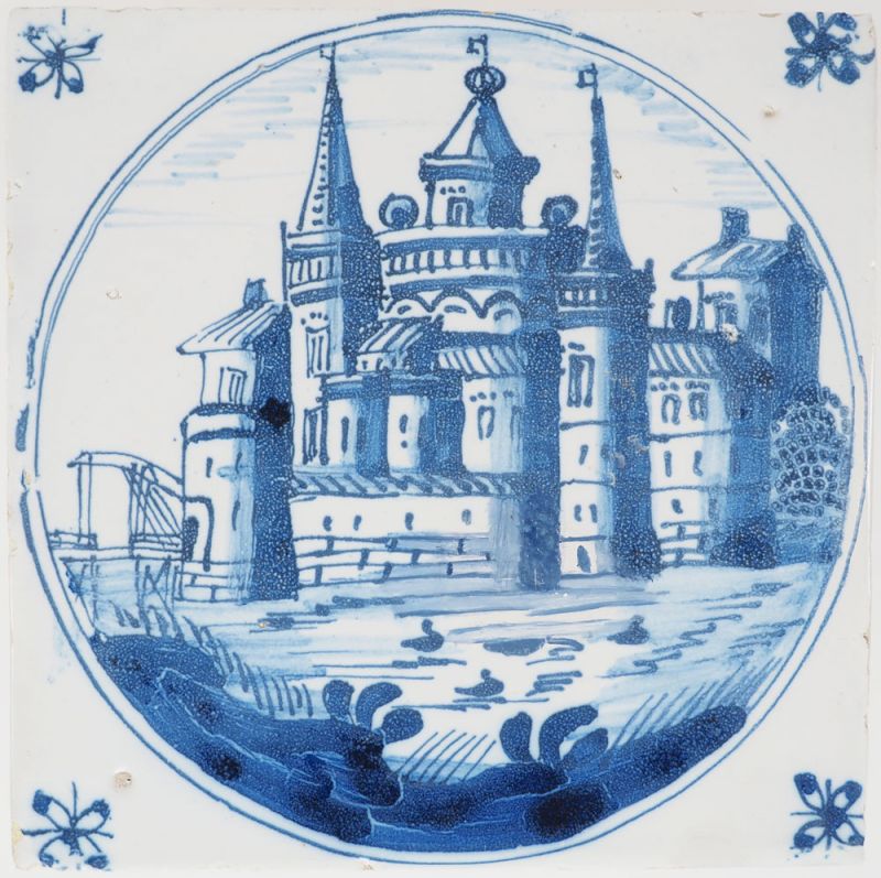 Antique Delft tile with a castle, 17th century