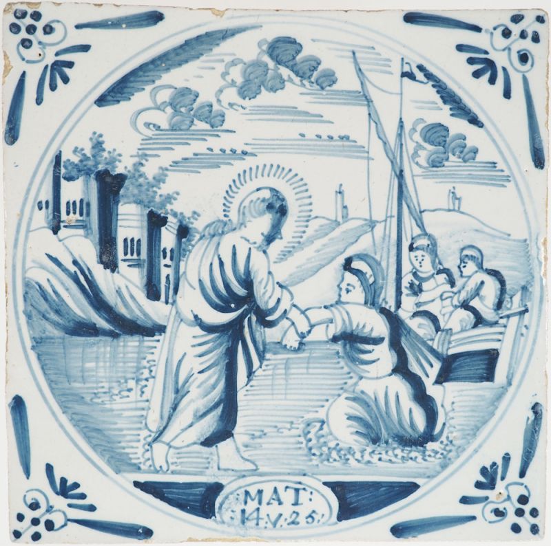 Antique Delft tile depicting Jesus walking on water, 18th century