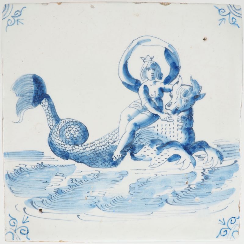 Antique Delft tile with a Nereid on a sea monster, 17th century