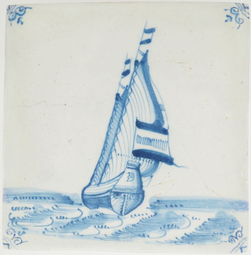 Antique Delft tile with VOC vessel the Halve Maen, 17th century
