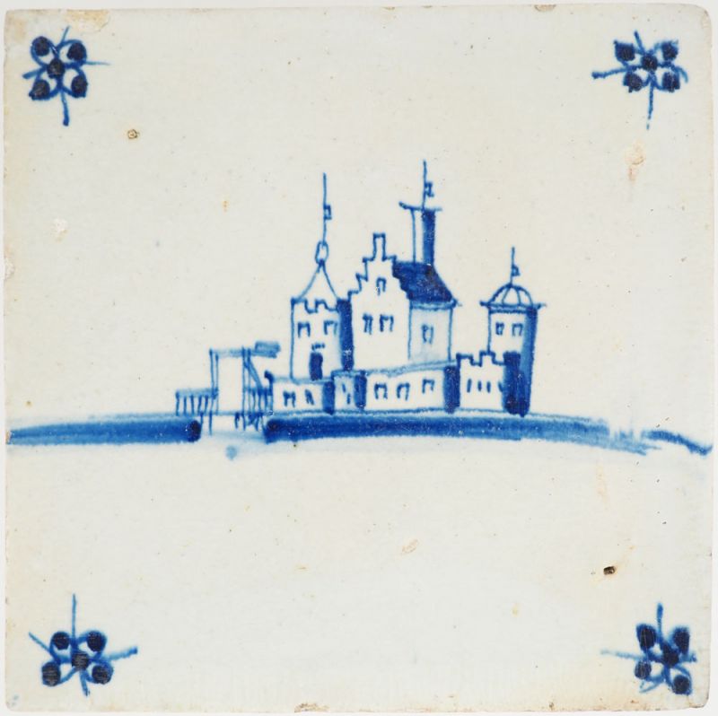Antique Delft tile with a castle, 17th century