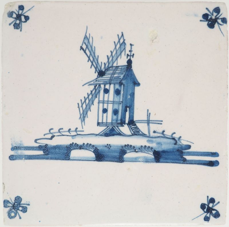 Antique Delft tile with a windmill, 17th century
