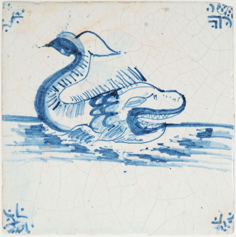 Antique Delft tile with a sea monster, 17th century