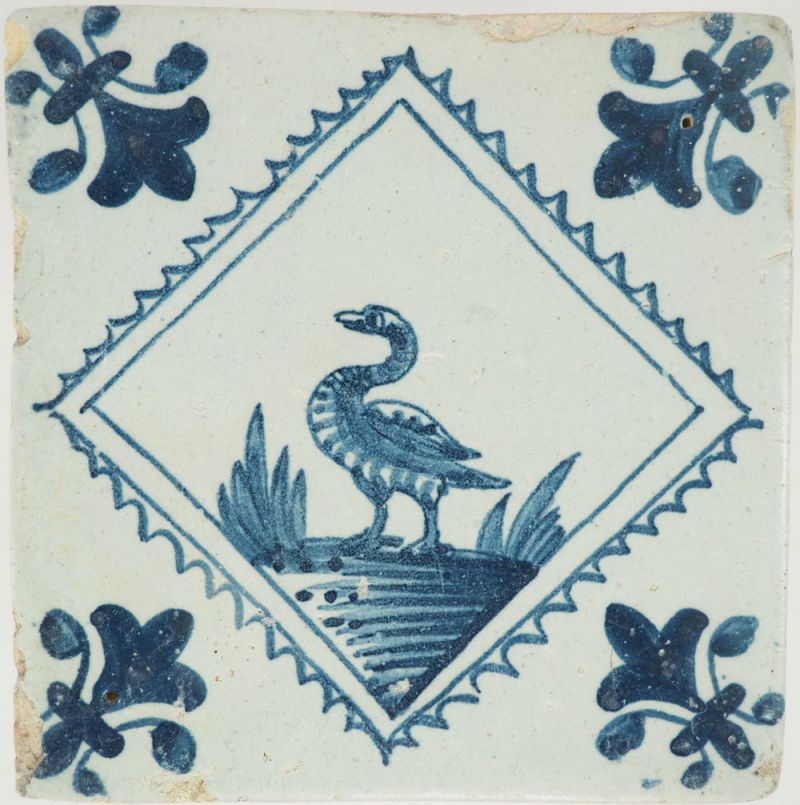 Antique Delft tile with a swan, 17th century