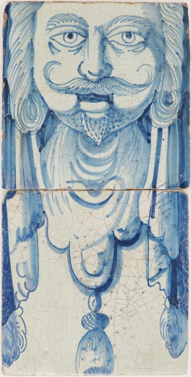 Antique Delft tile with the portrait of a man, 17th century