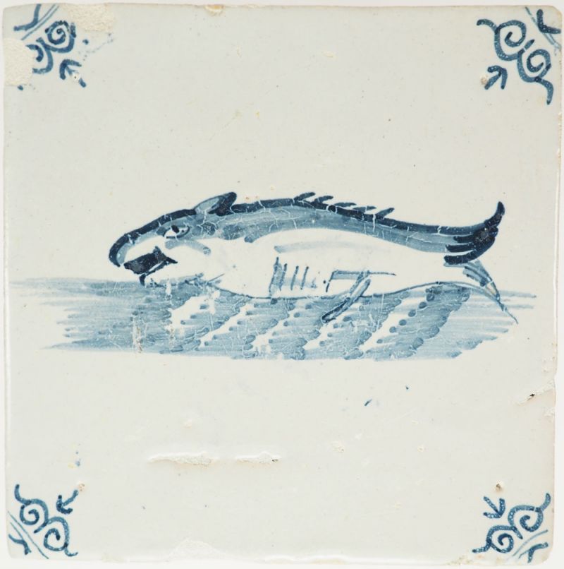 Antique Delft tile with a sperm whale, 17th century