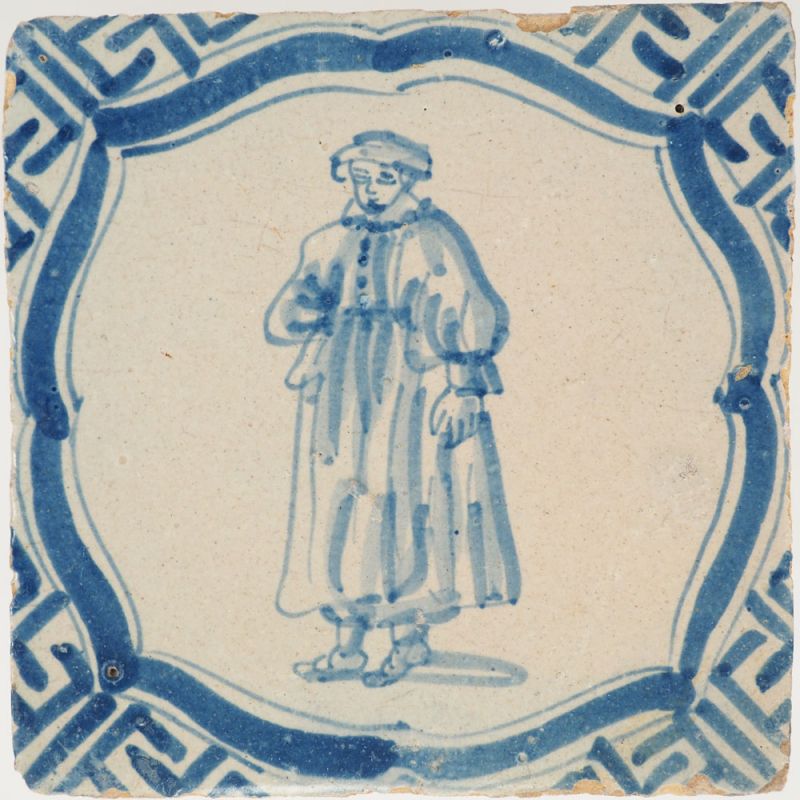 Antique Delft tile with a lady, 17th century