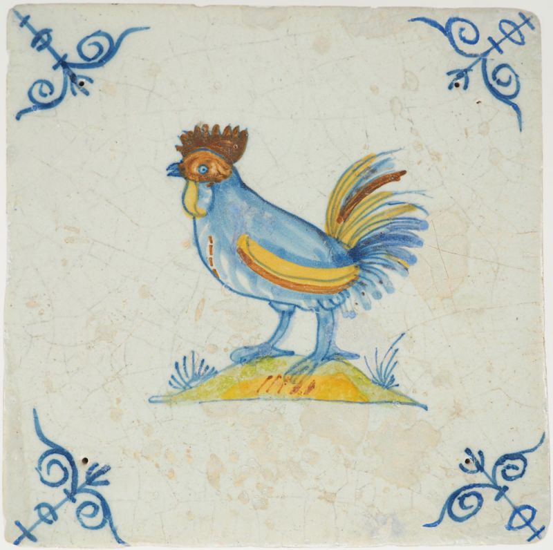 Antique Delft tile with a rooster, 17th century