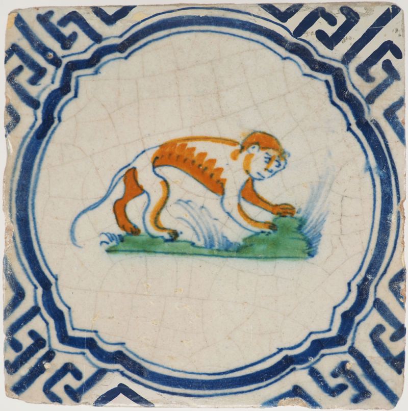 Antique Delft tile with a monkey, 17th century