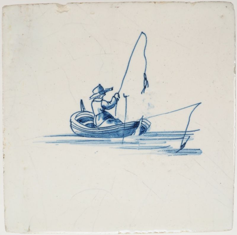 Antique Delft tile with a man fishing, 17th century