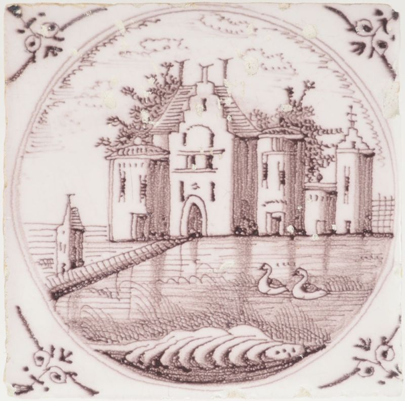 Antique Delft tile with a castle, 17th century