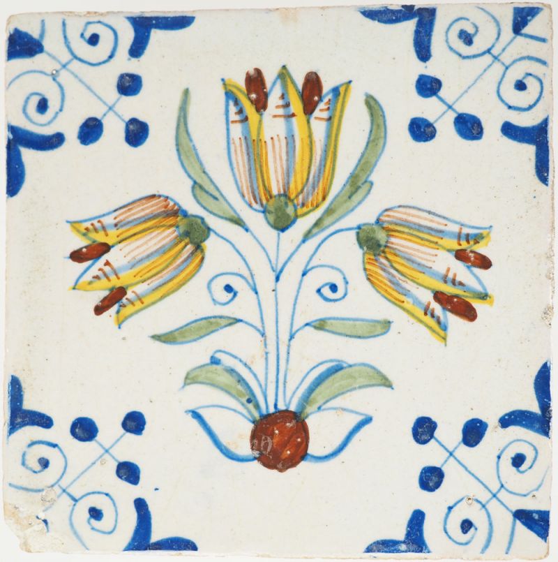 Antique Delft tile with three tulips, 17th century