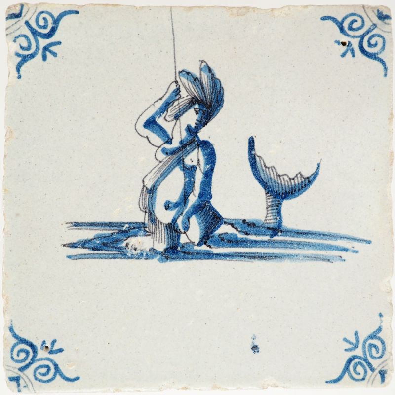 Antique Delft tile with a mermaid, 17th century