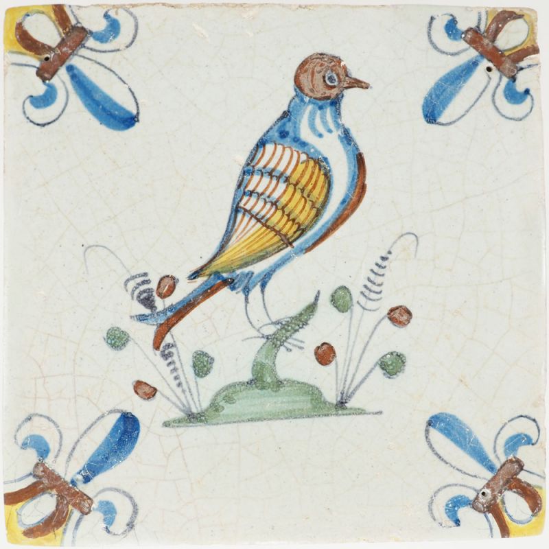 Antique Delft tile with a pigeon, 17th century