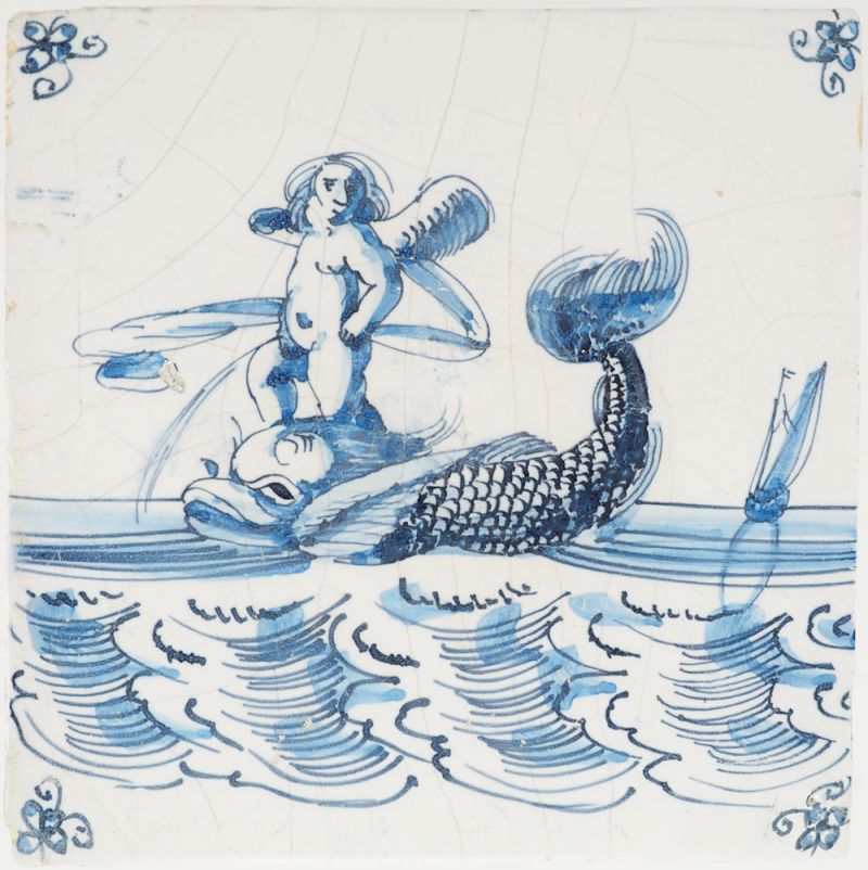 Antique Delft tile with a Cupid on a dolphin, 17th century