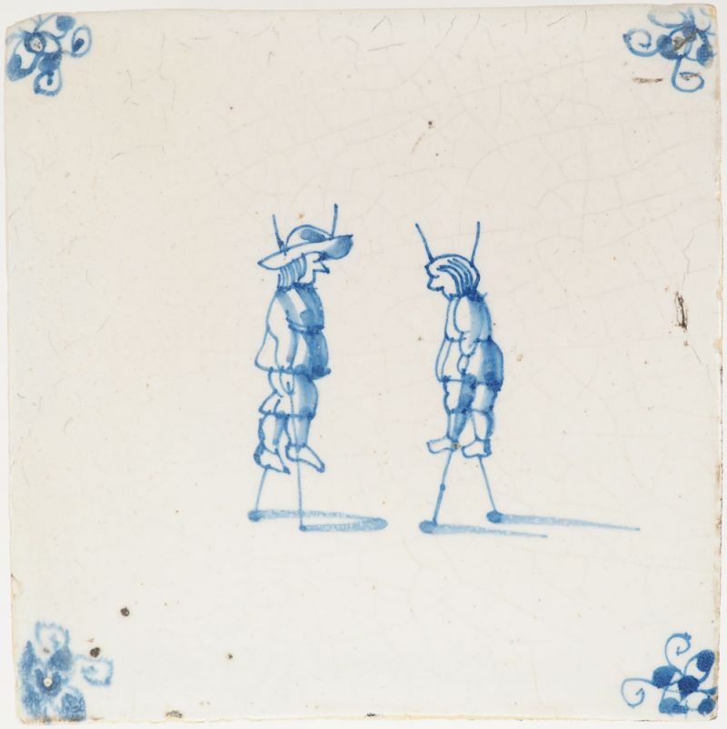 Antique Delft tile with two children walking on stilts, 17th century