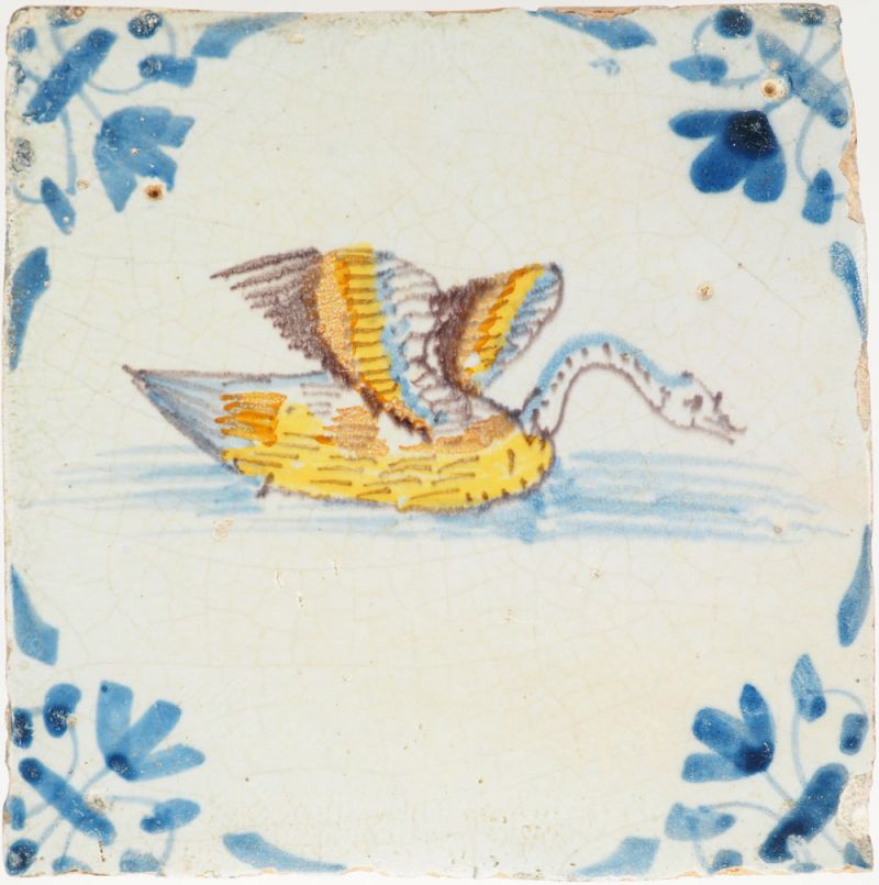 Antique Delft tile with a swan, 17th century