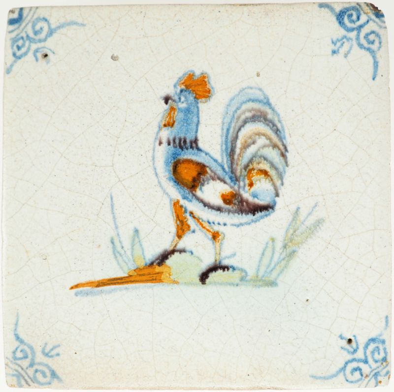 Antique Delft tile with polychrome rooster, 17th century