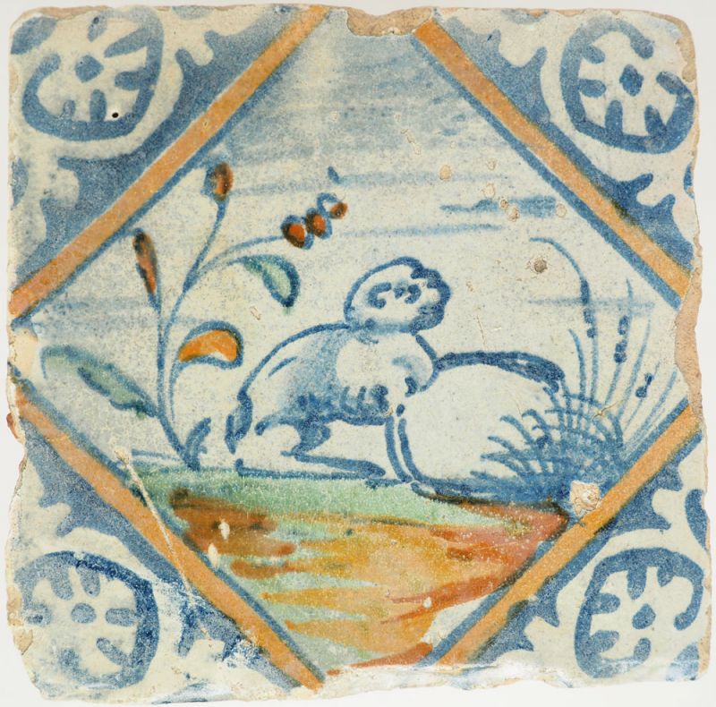 Antique Delft tile with a monkey, 17th century