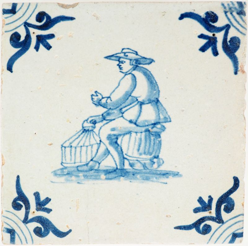 Antique Delft tile with a market vendor selling small livestock, 17th ...