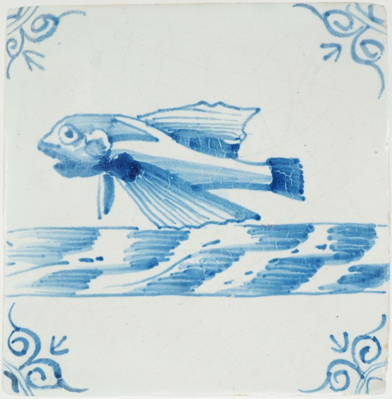 Antique Delft tile with a flying fish, 17th century
