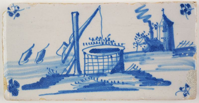 Antique Delft border tile with a Dutch landscape, 18th century