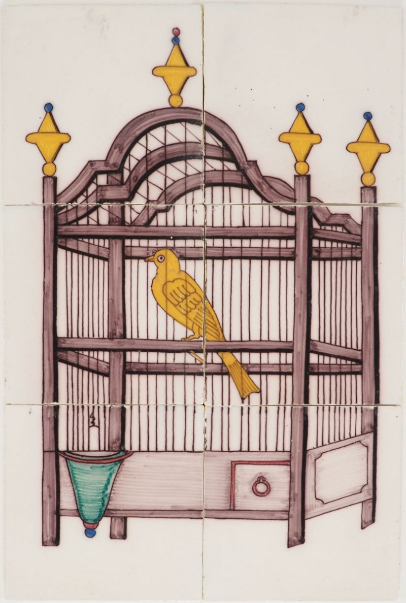 Antique Delft tile mural with a canary in a bird cage, 20th century