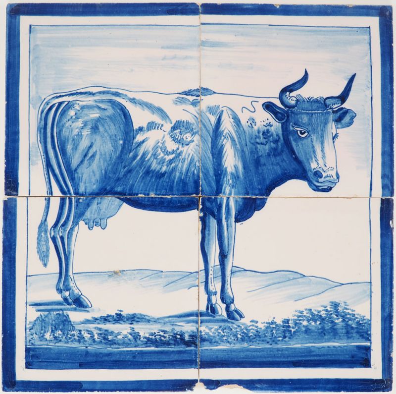 Antique Delft tile mural with a cow in blue, 19th century