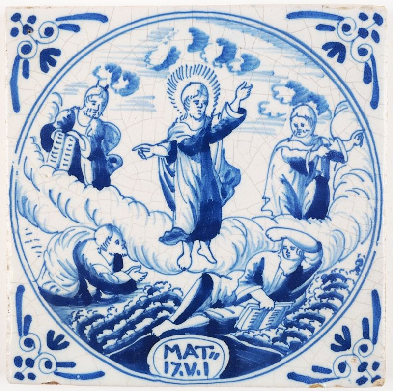 Antique Delft Biblical tile depicting Matthew 17 verse 1, 18th century