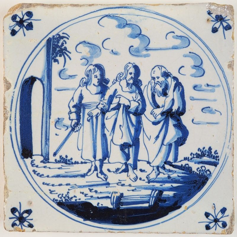 Antique Delft Biblical tile in blue depicting Jesus and two disciples ...
