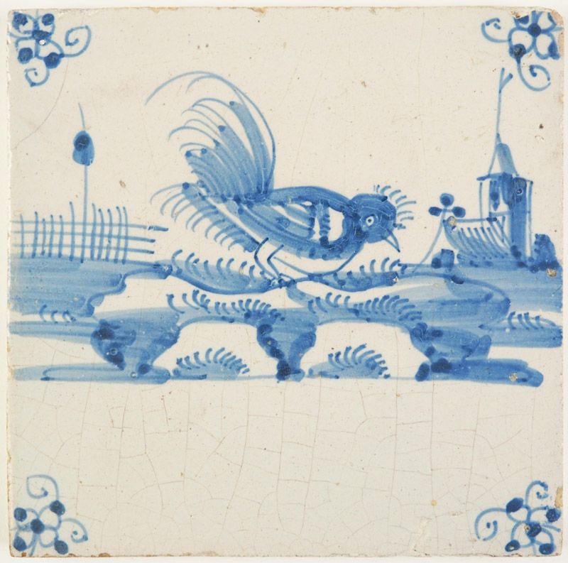 Antique Delft tile with a rooster picking seeds, 18th century