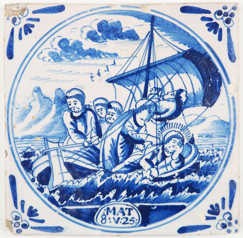 Antique Dutch biblical tile depicting Matthew 8 verse 25 - Jesus woken ...